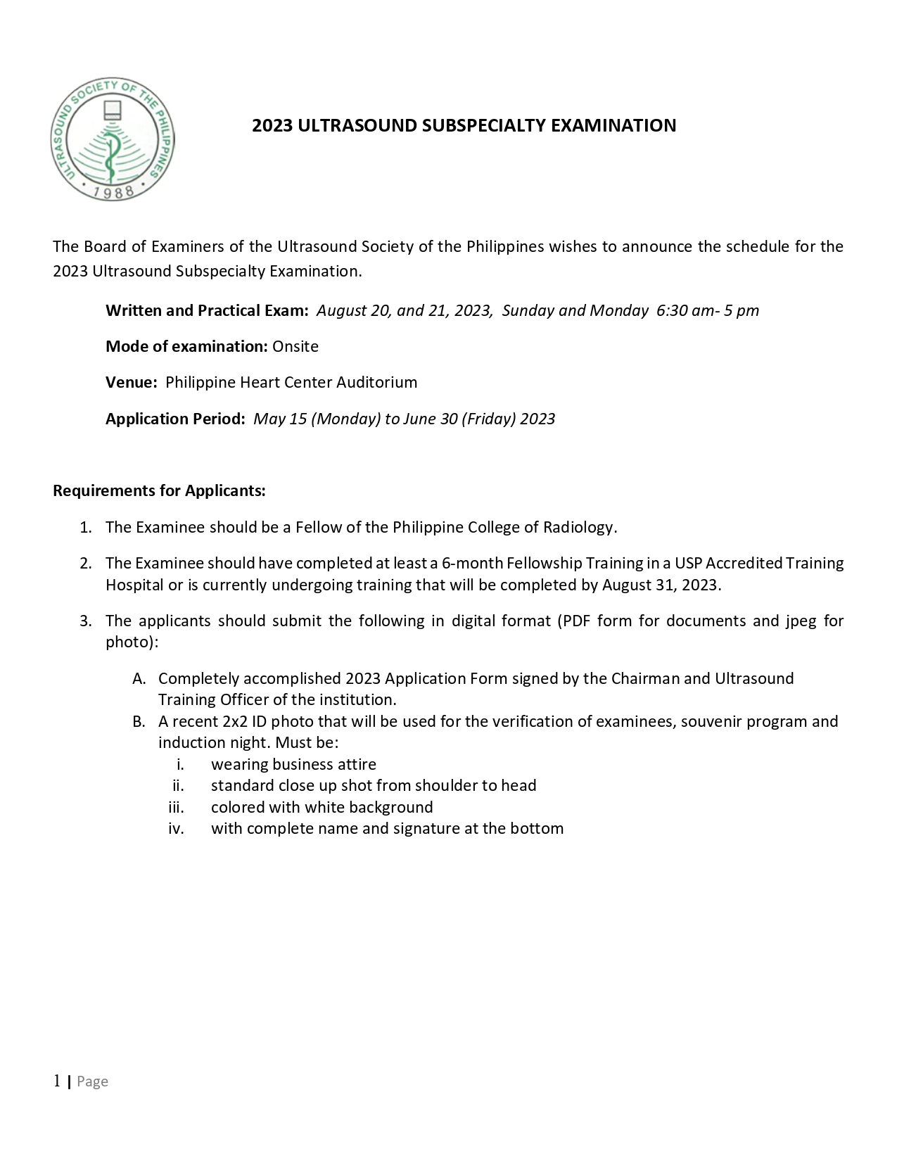Ultrasound Society of the Philippines - Application Form For Examination